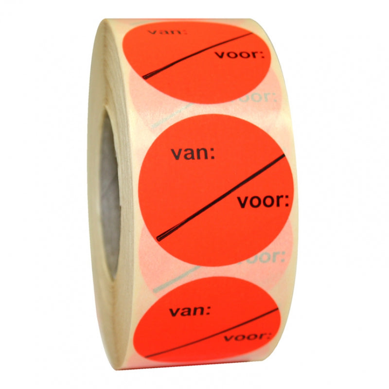 Sticker rood 'Van/voor' – Van Erkel Winkelmaterialen